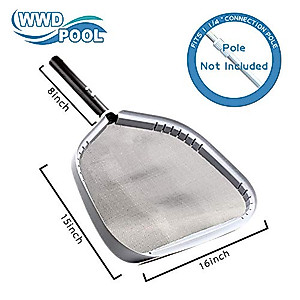 WWD POOL Pool Skimmer Net, Heavy Duty 16" Surface Leaf Rake for Cleaning, Commercial Grade Strong Reinforced - Pool Ponds Spa - Silver
