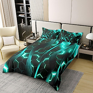 100% Cotton Teal Wavy Lines Bedding Set,Honeycomb Geomeric Stripes Duvet Cover Twin,Ombre Neon Lights Geometry Comforter Cover,Modern Style Quilt Cover with 1 Pillow Sham Reversible Home Room Decor