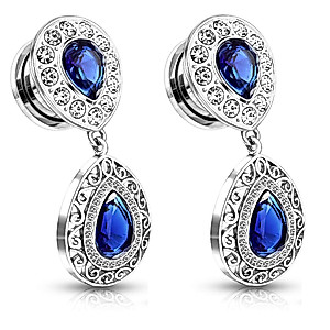 Pierced Owl Stainless Steel Blue CZ Crystal Paved Tear Drop Filigree Dangling Plug Gauges, Sold As Pair (8mm (0GA))