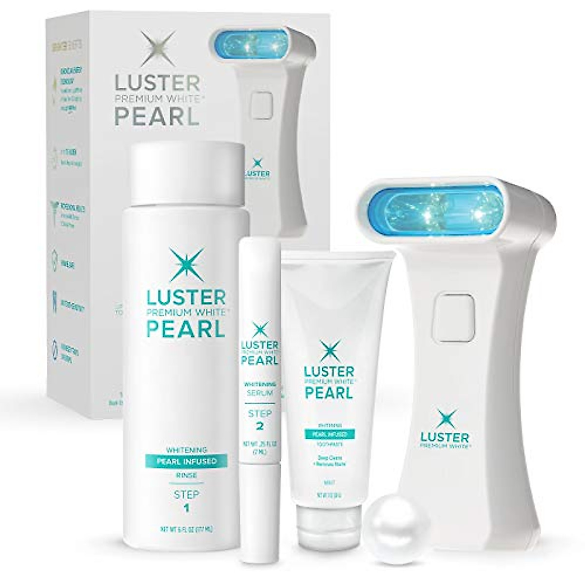LUSTER PREMIUM WHITE Pearl Infused Pro Light Teeth Whitening System - Fast Whitening Kit with Light, Serum, Rinse, Toothpaste - 4Piece kit