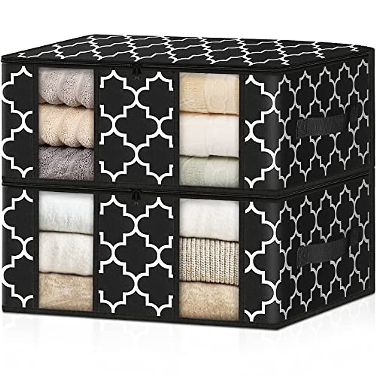 HomeHacks Storage Clothing Storage Bags, Storage Box Clothes Organizer with Clear Windows, Sturdy Handles Clothing Storage for Cloth, Toy, Bedding Storage, 2-Pack,Clover Black