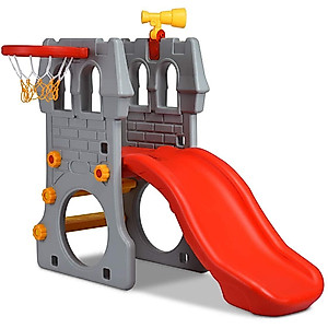 GLACER Toddler Slide, 5 in 1 Kids Climber Slide Playset w/Basketball Hoop, Telescope, Crawl Through Space, Easy Climb Stairs, Freestanding Slide Toddler Playground for Indoor and Outdoor