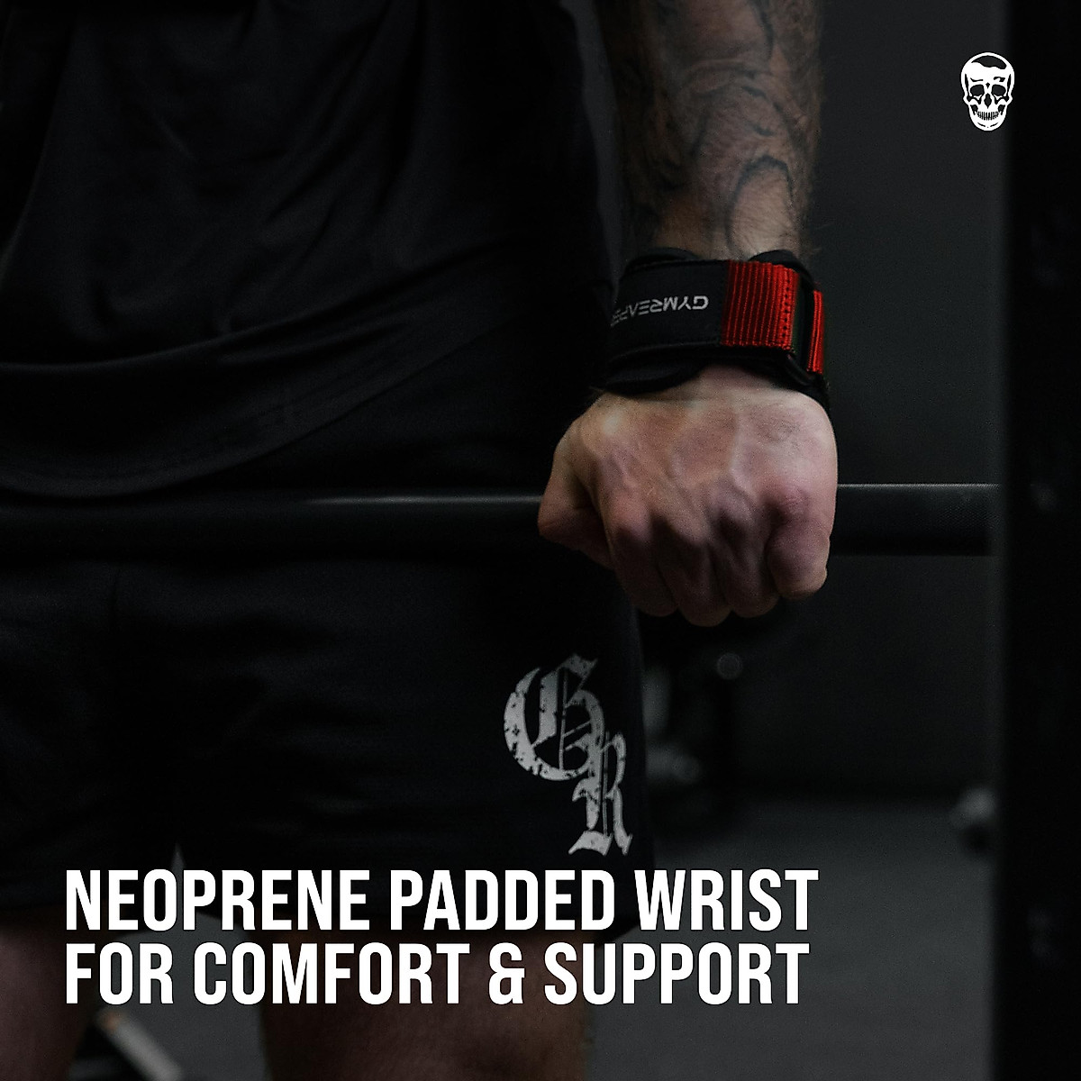 Gymreapers Weight Lifting Grips (Pair) for Heavy Powerlifting, Deadlifts, Rows, Pull Ups, with Neoprene Padded Wrist Wraps Support and Strong Rubber Gloves or Straps for Bodybuilding (Red, Medium)