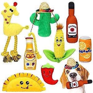 Glimin 9 Pcs Mexican Squeak Plush Toys 8 Stuffed Chew Toys 1 Dog Sombrero Hat Funny Stuffed Chew Toys Interactive Funny Dog Toys with Squeaker for Small and Medium Dog Mexican Party Decoration