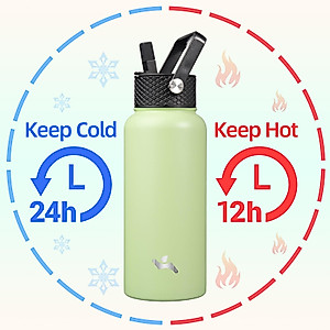Konokyo Insulated Water Bottle with Straw,32oz 3 Lids Metal Bottles Stainless Steel Water Flask,Macaron Green