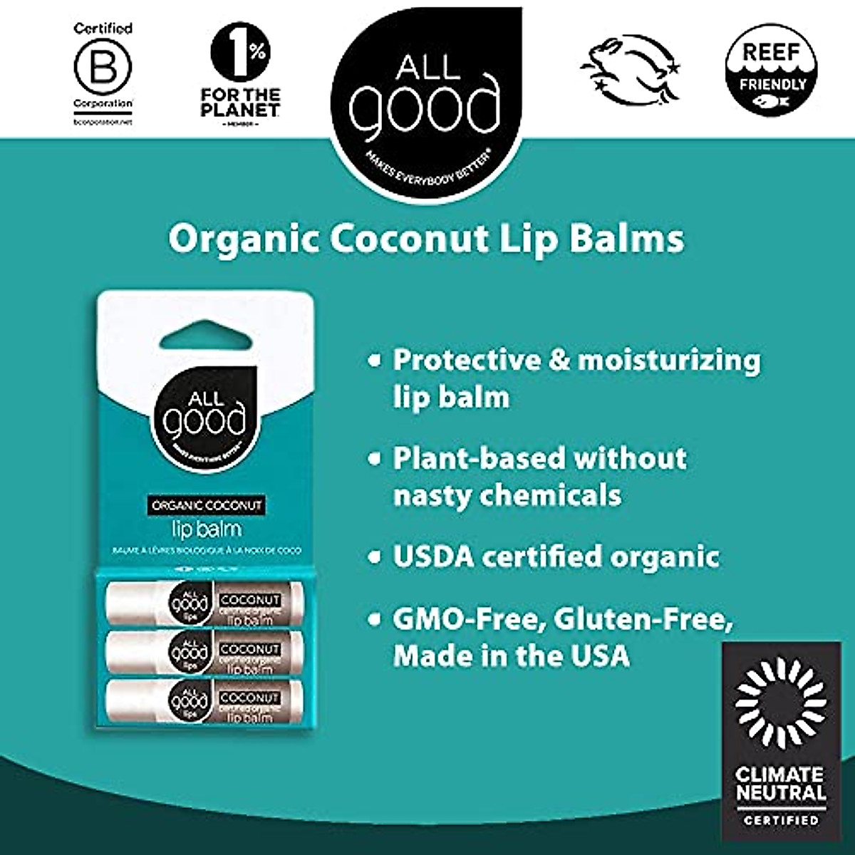 All Good Organic Lip Balm - Hydrating Lip Balm for Soft Smooth Lips with Calendula, Lavender, Olive Oil, Beeswax, Vitamin E & Coconut (3-Pack)