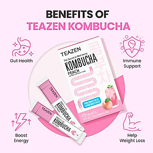 TEAZEN Kombucha 4 Flavors 40 Sticks Variety Pack, Kombucha Lemon, Peach, Berry Citron (40 Sticks)