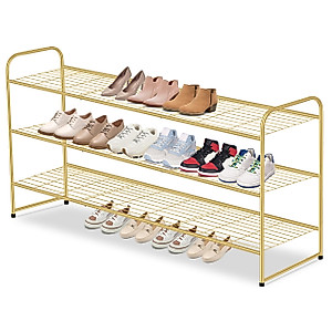 AOODA Long 3 Tier Metal Shoe Rack for Closet Wide Stackable Shoe Storage Organizer for Entryway, Bedroom, Floor, 24-Pairs Men Sneakers Shoe Shelf with Wire Grid, Golden