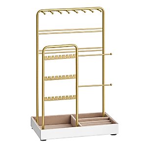 SONGMICS Jewelry Holder, Jewelry Organizer, Mother's Day Gifts, Jewelry Display Stand with Metal Frame and Velvet Tray, Necklace Earring Bracelet Holder, for Studs, Rings, Gold Color UJJS021A01
