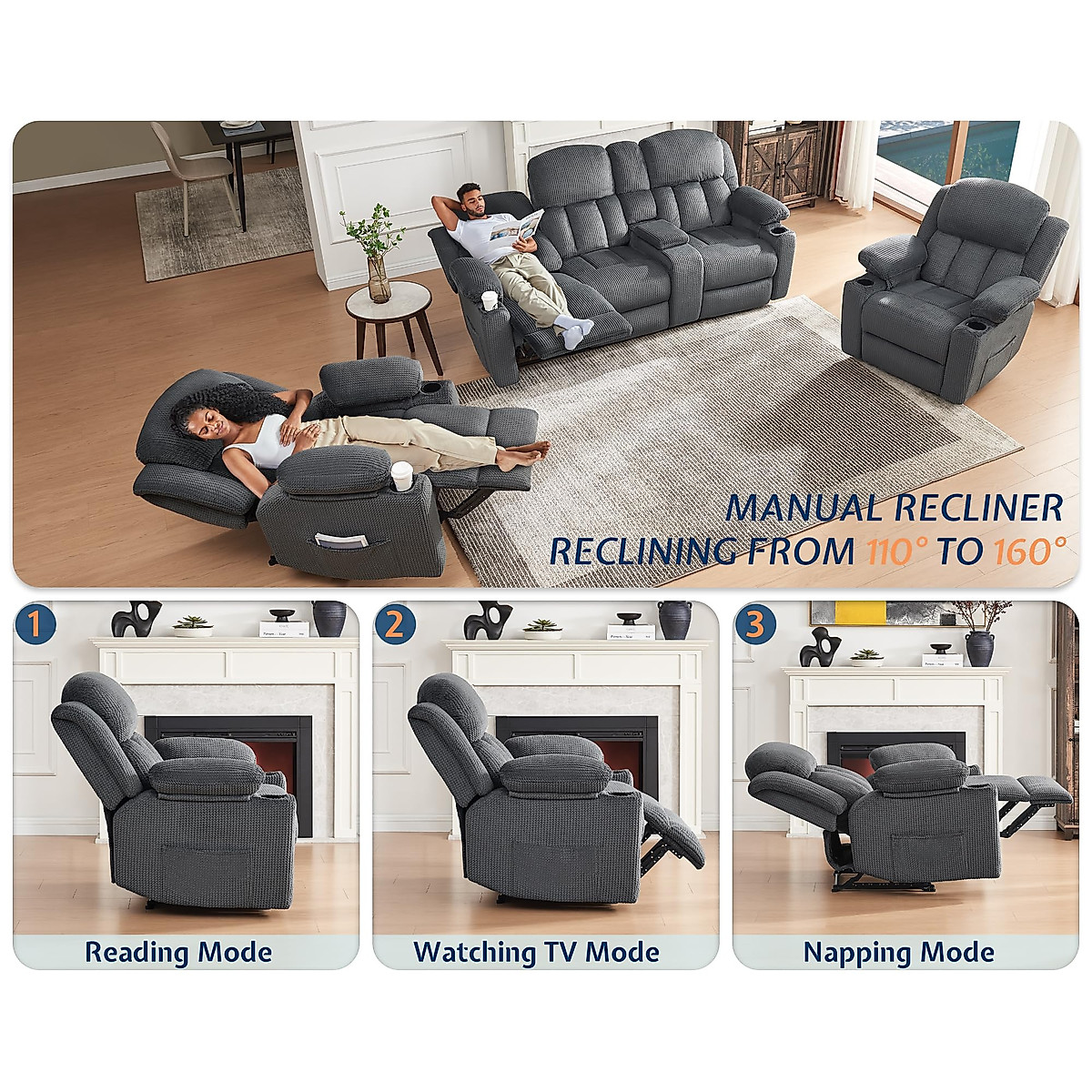 Jocisland Recliner Couch, Recliner Loveseat with Cup Holders, Console with Charging Socket, Comfy Reclining with Dual Wingback for Living Room(Grey)