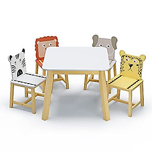 YUNLife&Home 5-Piece Kiddy Kitchen and Dining Room Furniture, Cartoon Animals Wood Table with 4 Chairs Sets for Kids Toddlers Girls Boys, 23.6'' W x 23.6'' D x 19.7'' H, White