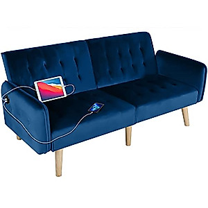 TYBOATLE 65"W Velvet Modern Convertible Folding Futon Couch Sofa Bed w/ 2 USB Charging Ports and Arms, Loveseat for Compact Living Space, Dorm, Game Studio, Bonus Room, Apartment, Bedroom (Navy Blue)