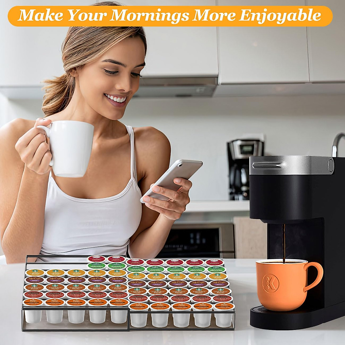 Kssiaz Coffee Pod Holder Drawer, Expandable K Cup Holder Compatible with Keurig K-Cup, K Cup Drawer Organizer Hold 35-70 Coffee Pod Storage for Coffee Station Office and Kitchen, Black