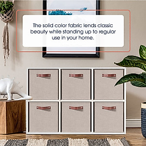 Ornavo Home 11 x 11 Storage Cube Bins, Foldable Collapsible Fabric Storage Bins Box Linen Shelf Basket Cube Organizer for Closet with Leather Handles, 6 Pack, Beige