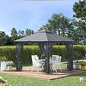 Outsunny 10' x 10' Patio Gazebo, Double Roof Outdoor Gazebo Canopy Shelter with Netting, Steel Corner Frame for Garden, Lawn, Backyard and Deck, Dark Gray