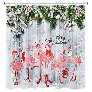 HVEST Christmas Flamingo Shower Curtain, Pink Flamingos with Xmas Hat on Grey Board Shower Curtain with Hooks, Pine Tree and Snowy Berry with Snowflake Polyester Fabric Bath Decor, 78L x 72W Inches