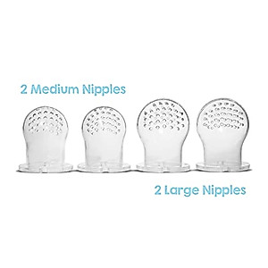 RaZbaby Feeder Pacifier Replacement Nipples (2 Large & 2 Medium) for Fruits & Vegetables, Infant Soothing Teether Toy 6M+, Food-Grade Silicone Pouch/Nipple, Dishwasher Safe, BPA Free, Freezable 4 Pack