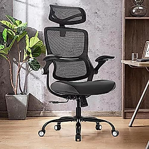 Office Chair Ergonomic Desk Chair - Leather Cushion Mesh High Back with Lumbar Support Computer Chair, Adjustable Flip Up Arms, Home Office Desk Chair
