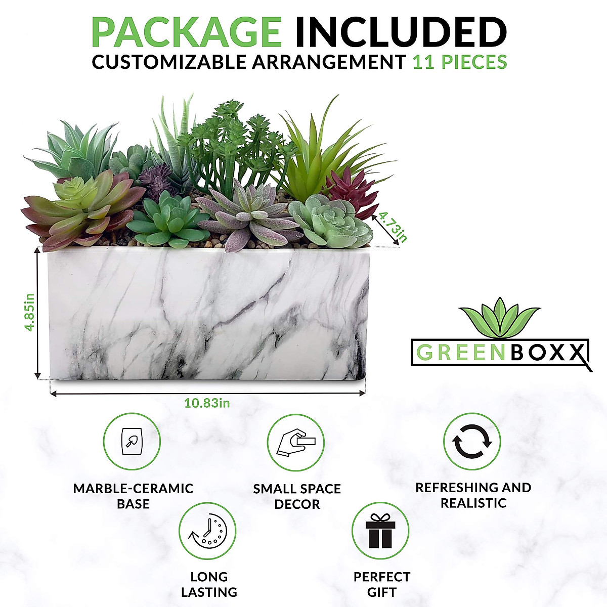 GreenBoxx Ceramic-Marble Artificial Succulent Planter Set - 11 Piece Flora Faux Potted Succulent Arrangement for Modern Home, Kitchen, Table, Wall Hanging, and Wedding Decor