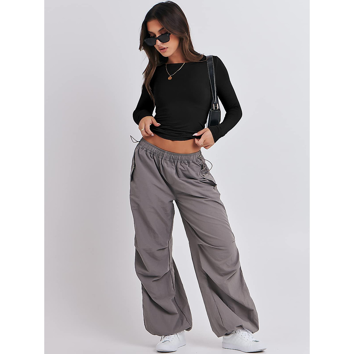 ANRABESS Women’s Long Sleeve Shirts Tight Fitted Going Out Crop Tops Crewneck Basic Tee Y2k Outfits Teens Girls Clothes Black L