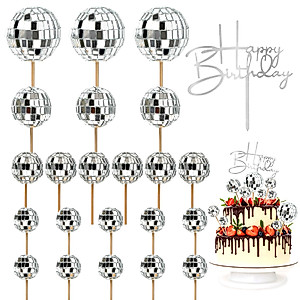 23pcs Disco Ball Cupcake toppers Happy Birthday Cake Topper 1970s Disco Ball Cake Picks Theme Cake Decor for Disco Theme Party Favor