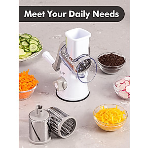 LucGee Rotary Cheese Grater with Handle - 3 in 1 Cheese Shredder Rotary Grater Stainless Steel Handheld, Vegetable Slicer for Fruit, Cheese, Nuts(White)