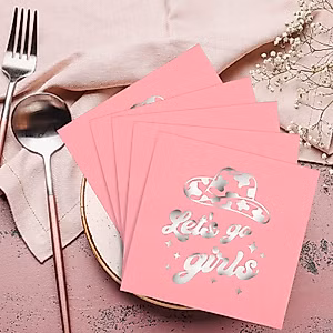 100 Pcs Let's Go Girls Napkins, Hot Pink Silver Foil Bachelorette Party Decorations Cocktail Napkins, Western Cowgirl Disco Last Bachelorette Bridal Shower Birthday Party Supply, 2 ply, 5 x 5"