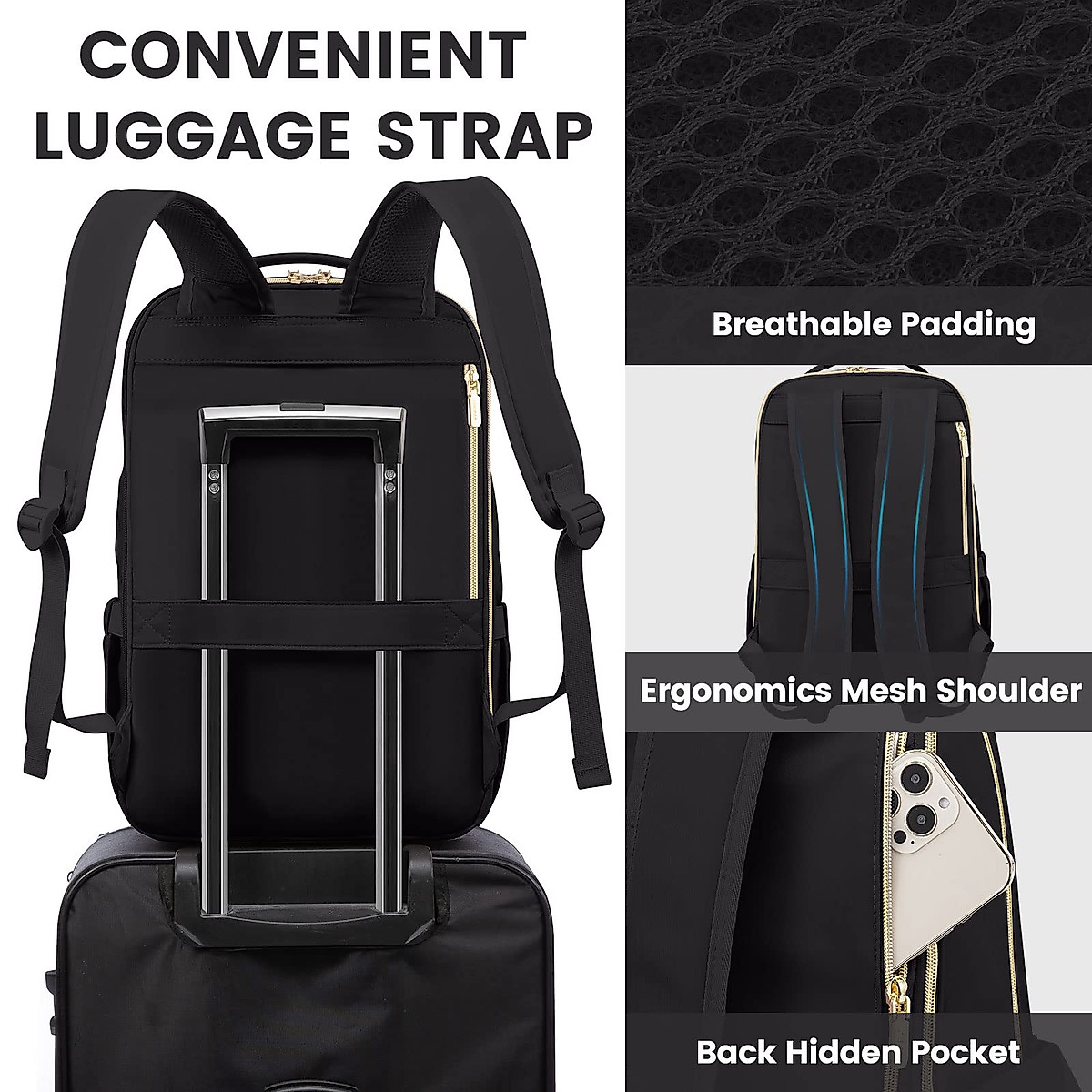 LOVEVOOK Laptop Backpack for Women, Travel Backpack Light Weight, Large Capacity Computer Backpack Purse for Work, Casual Daypack with USB Charging Hole, College Bookbag Fits 15.6 Inch, Black