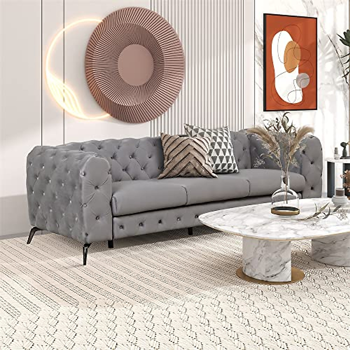 i-POOK 85.5" Chesterfield Sofa, Velvet Upholstered Sofa with Button Tufted Back and Sturdy Metal Legs, Modern Sofa Couch 3 Seater Sofa for Living Room Apartment Home Office, Gray