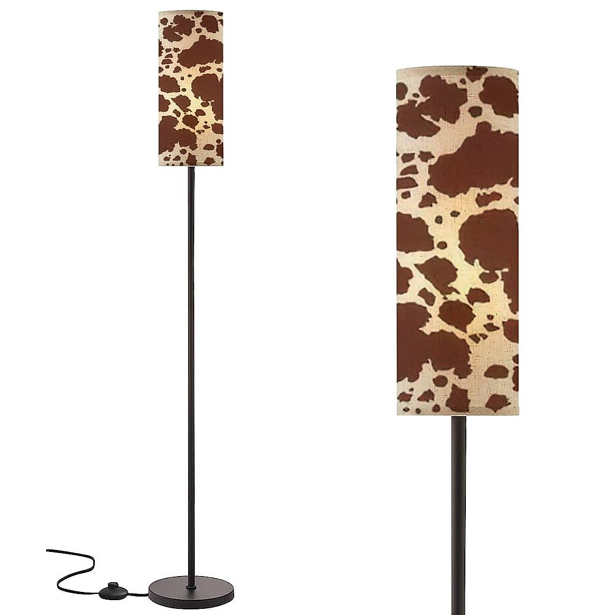 Modern Standing Lamps Cow leather skin brown Country Farmhouse Floor Lamp Rustic Metal Pole Lamp with Linen Lampshade for Bedroom Living Room Office Nursery Reading Foot Switch Western Decor