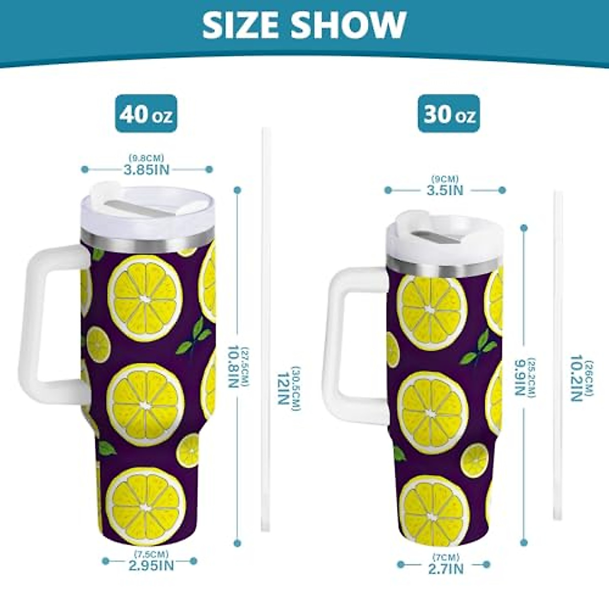 Lemon Purple Stainless Steel Insulated Tumbler with Straw and Handle for Water, Tumbler Insulated 30 OZ / 0.89 L