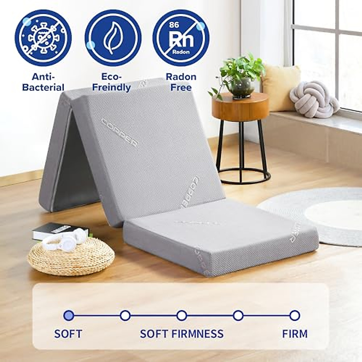 Olee Sleep Tri-Folding Antibacterial Memory Foam Mattress Topper, 4 Inch Copper Bamboo Gel Folding Mattress, Washable Cover, CertiPUR-US Certified, Soft, Grey, Single Size