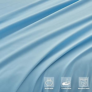 WODFAMY Microfiber Easy Fit Twin Size Bed Sheet Set Extra Soft Deep Pockets Luxury Hotel 3 Piece Set Light Blue Bed Sheets Twin Sheets