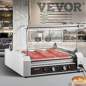 VEVOR Hot Dog Roller, 30 Hot Dog Capacity 11 Rollers, 1800W Stainless Steel Cook Warmer Machine w/Cover & Dual Temp Control, LED Light & Detachable Drip Tray, Sausage Grill Cooker for Kitchen Canteen