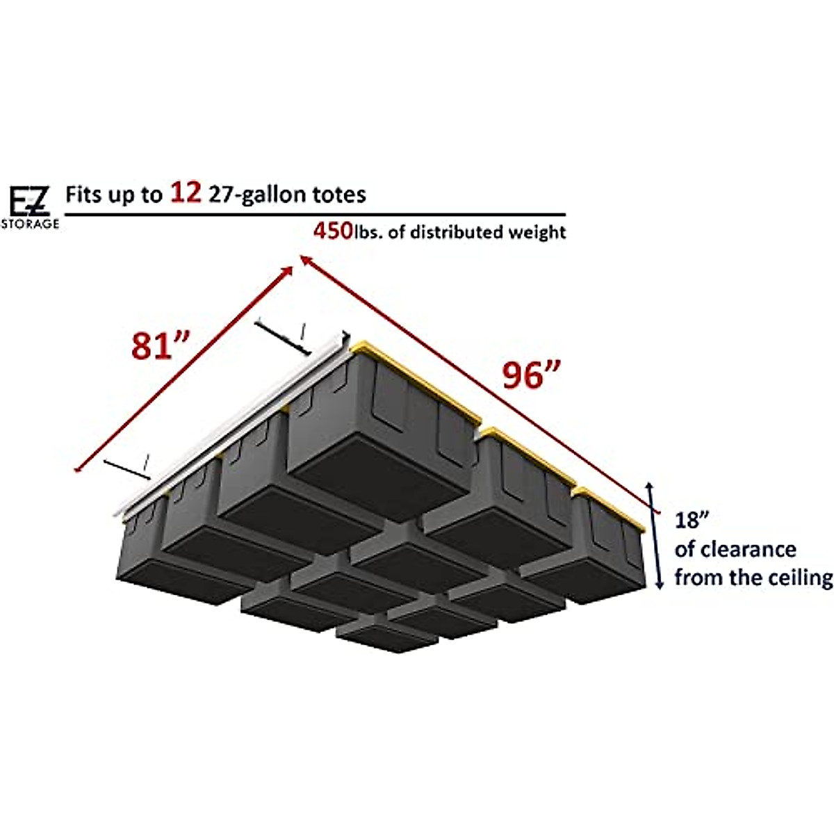 E-Z Garage Storage Alloy Steel Tote Slide PRO Overhead Garage Storage Rack - Organize Up to 15 Storage Tote Container Bins on The Ceiling, 88" x 80" x 3.5", White