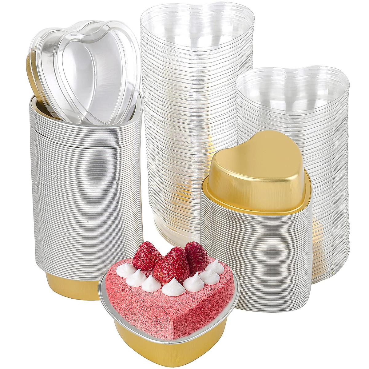 SOUJOY 100 Pieces Heart Shaped Baking Cups, 3.4 oz Aluminum Foil Cake Pan with Lids, Disposable Pudding Muffin Cupcake Ramekin for Valentine Mother's Day Wedding Christmas Birthday