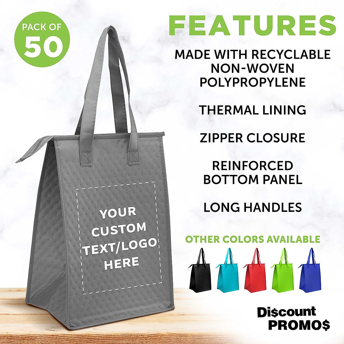 Discount Promos Custom Zipper Insulated Lunch Tote Bags Set of 50, Grey, Unisex