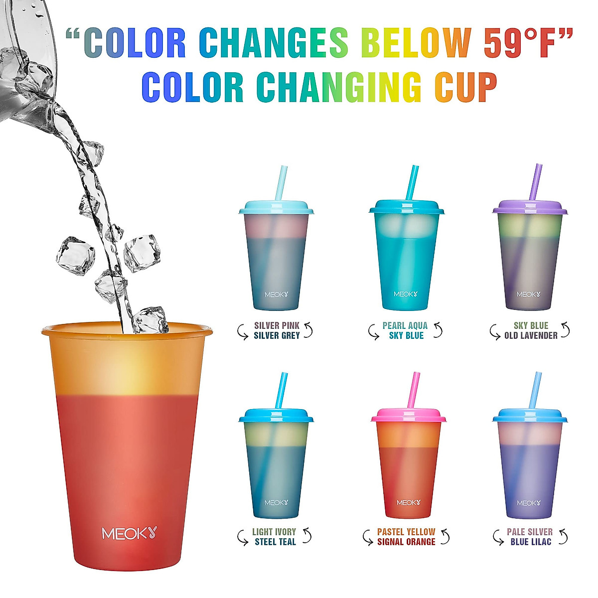Meoky Color Changing Cups with Lids and Straws for Kids 6Pack 12oz Plastic Reusable Cold Drink Tumblers Summer Party Cups