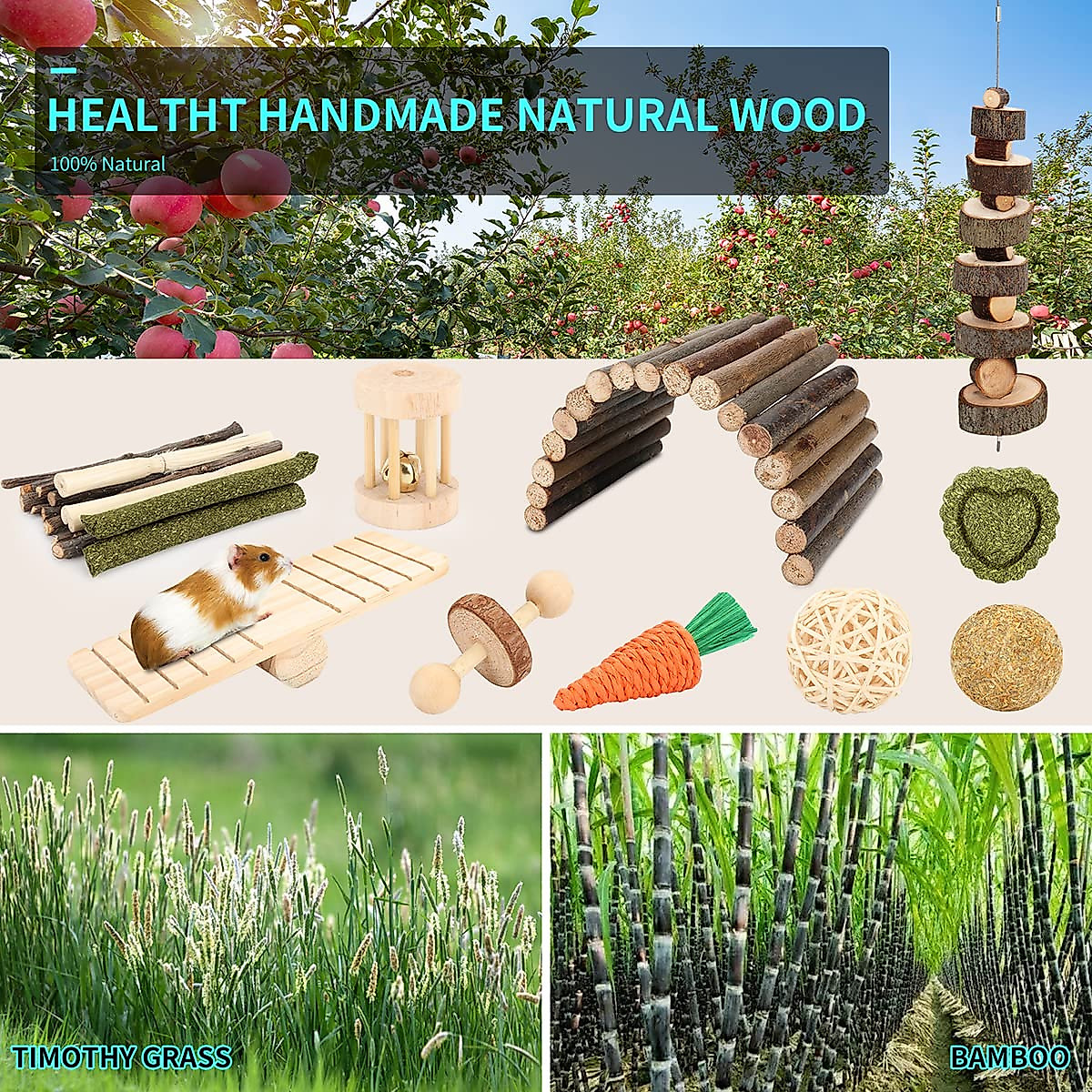 YIXUND Hamster Cage Accessories, 12 Different Chew Toys for Guinea Pig, Chinchillas, Gerbils, Mice, Rats, Mouse, Rabbit, Bunny Hideout Seesaw, Natural Molar Tools