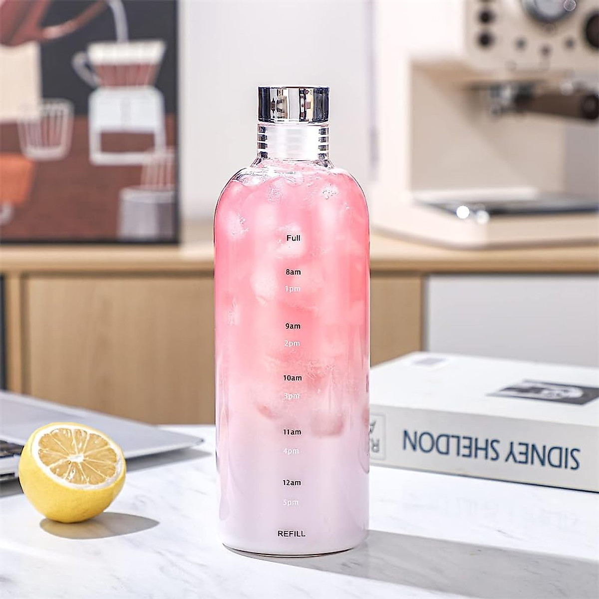 JZSMY Glass Ins Creative Girls Water Bottle Glass Cups High Sense Japanese Style Drinking Bottle Glass Scale Cups Milk Juice Cute Water Bottle with Time Scale (1Pcs 750ml Transparent)