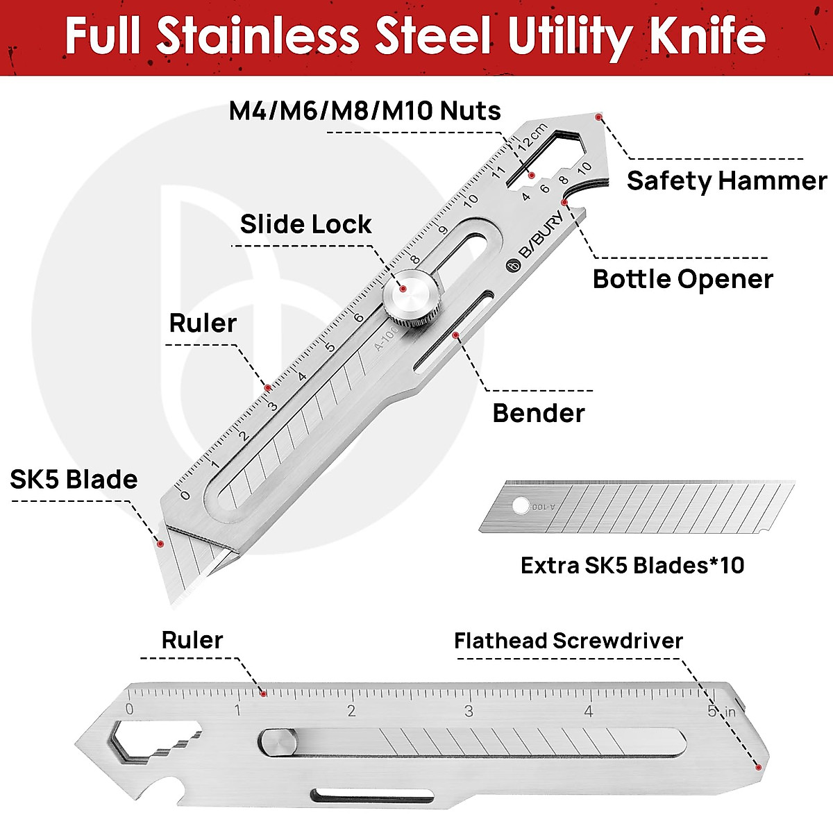 BIBURY 2 Pack Mutipurpose Utility Knife, Heave Duty Full Stainless Steel Retractable Box Cutter with 10PCS replaceable Blades (18mm Wide), Multi-functional Extended Razor Knife for Office, Home,School