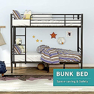 Metal Bunk Bed Twin Over Twin, Heavy Duty Bed Frames with Safety Guard Rails, Metal Slats for Kids, Teens, Adults, No Box Spring Needed Black
