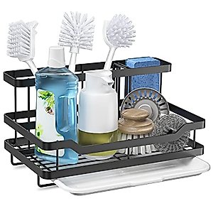 Sponge Holder Kitchen Sink Caddy Organizer, Large Stainless Steel Sink Tray Drainer Rack, Countertop Soap Dish Dispenser Brush Holde with Removable Drain Tray - Not Including Dispenser, Sponge, Brush