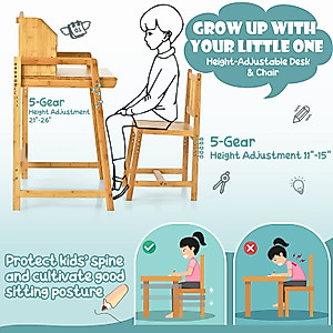 Costzon Kids Desk and Chair Set, Height Adjustable Bamboo Desk with Storage Hutch, Student Writing Computer Workstation for Bedroom, School, Children Study Table and Chair Set for Girls Boys Ages 3+