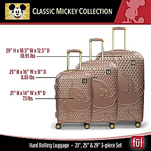 FUL Disney Mickey Mouse 3 Piece Rolling Luggage Set, Hardside Suitcase with Spinner Wheels, 21 Inch, 25 Inch and 29 Inch, Rose Gold