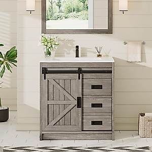 AMERLIFE Farmhouse Bathroom Vanity with Sink Combo, 31in Sliding Barn Door Bathroom Vanity Cabinet Set with Storage Drawers, Metal Handles, Small Single Bath Storage Vanity Sink, Light Grey