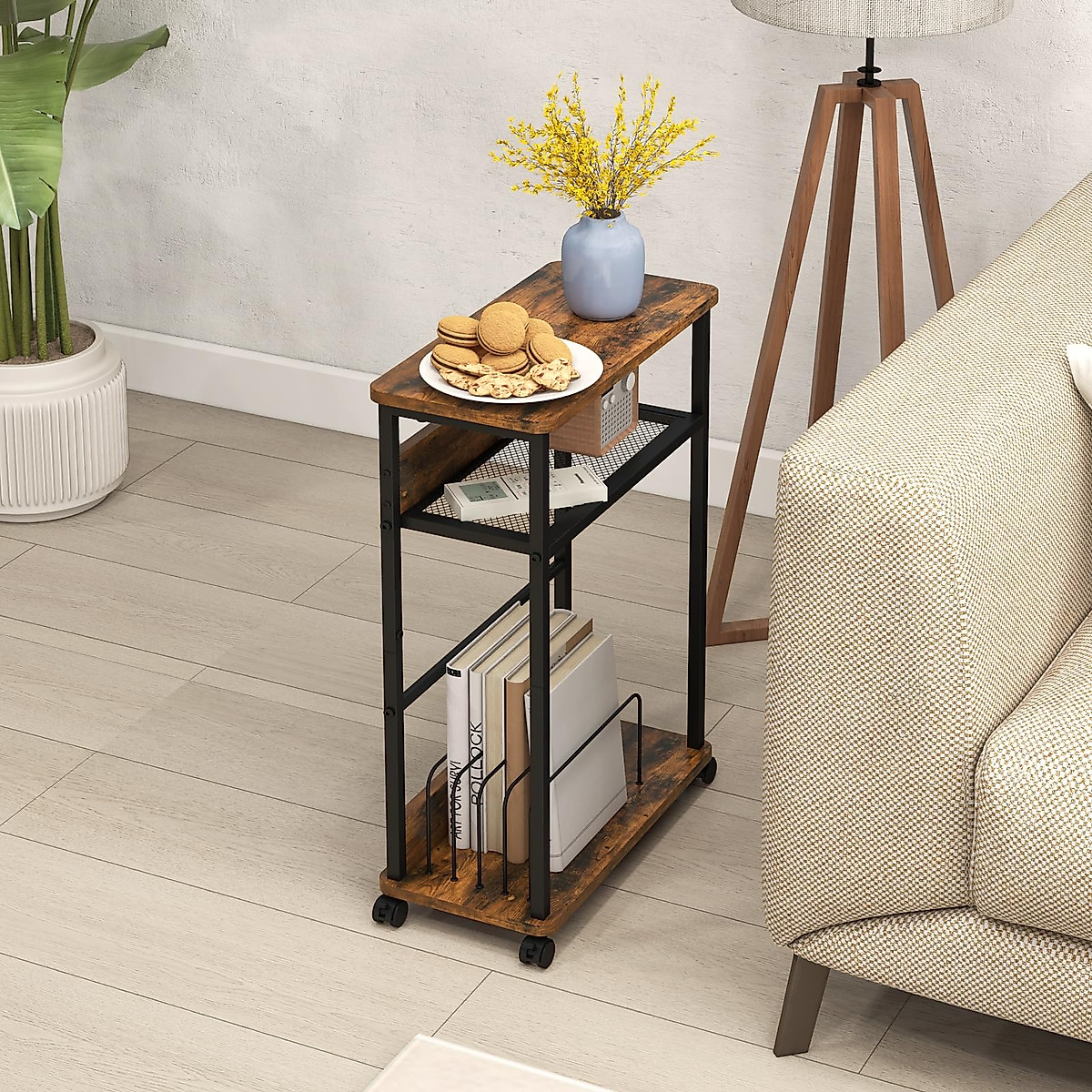 Livofloral Narrow Side Table with Wheels, 3 Tier Small End Tables for Small Spaces, Sofa Table with Magazine Rack, Skinny Nightstand Table with Storage Shelf for Living Room, Bedroom, Brown