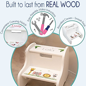 Personalized Blue Gingham Owl White Two Step Stool