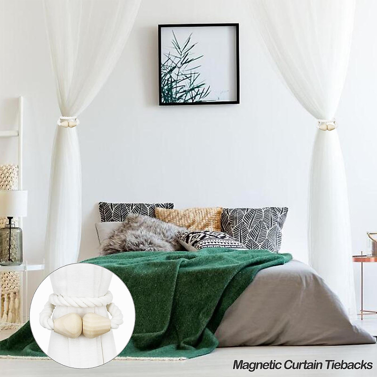 Hangtty Magnetic Curtain Tiebacks 2 Pack Cotton Boho Curtain Tie Back Decorative Rope Holdbacks for Curtains Draperies Outdoor Window Treatment Holdbacks, Cream