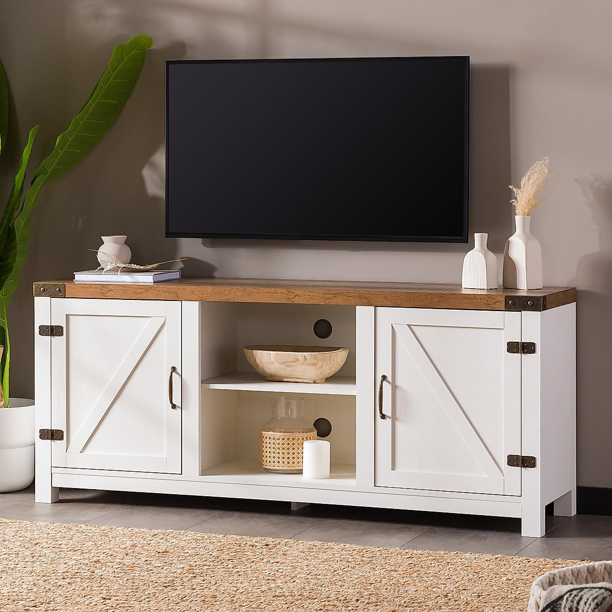 Walker Edison Larae Modern Farmhouse Two-Tone Barn Door Stand for TVs up to 65 Inches, Without Fireplace, Rustic Oak/White